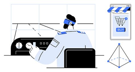 가상 현실 헤드셋을 사용하여 Control Room에서 온라인 쇼핑 카트와 기하학적 모양을 사용하는 파일럿 가상현실에 대한 스톡 벡터 아트 및 기타 이미지 Istock