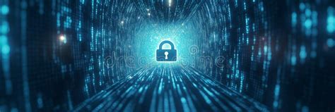 Glowing Digital Lock Icon In A Tunnel Of Binary Code And Light Rays Represents Cybersecurity