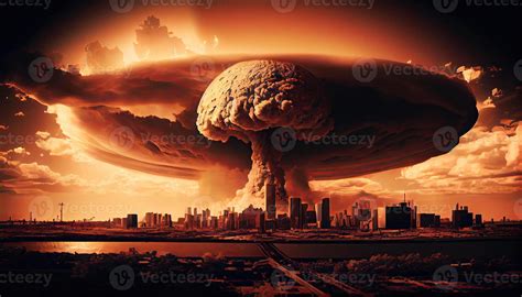 Big Nuclear Explosion Mushroom Cloud Effect Over City Skyline For