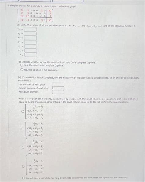 solved a simplex matrix for a standard maximization problem