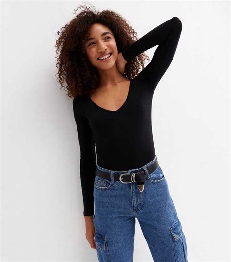 Black Bodysuit Paxton New Classic Long Sleeve Deep V Bodysuit