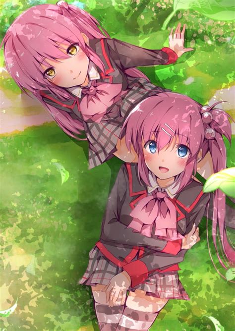 Safebooru 2girls Blue Eyes Bow Ca2la From Above Futaki Kanata Grass