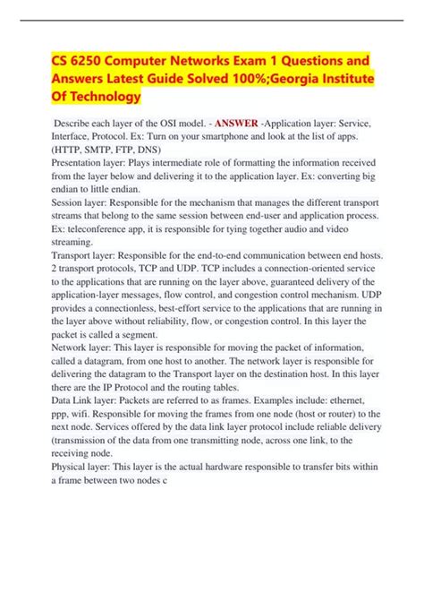 Cs 6250 Computer Networks Exam 1 Questions And Answers Latest Guide