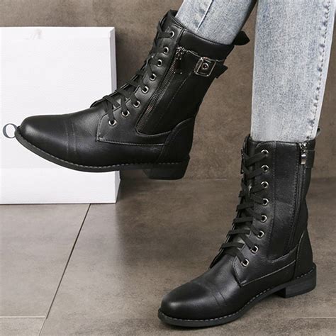 Miluxas Black Lace Up Combat Boots Ankle Booties For Women Black 941