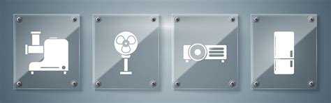 세트 냉장고 프리젠테이션 영화 영화 미디어 프로젝터 선풍기 및 주방 고기 분쇄기 정사각형 유리 패널 벡터 가정 생활에 대한 스톡