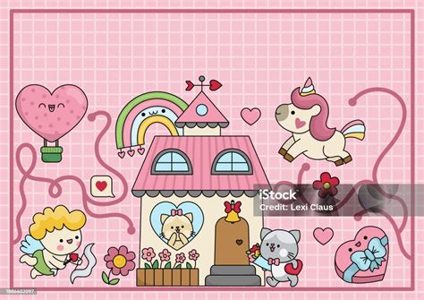 귀여운 고양이 시골집 유니콘 하트와 함께 하는 벡터 카와이 세인트 발렌타인 배경 전통적인 캐릭터가 있는 재미있는 사랑 휴일 카드 또는 활동 책 표지 만화 수평 그림 2월에