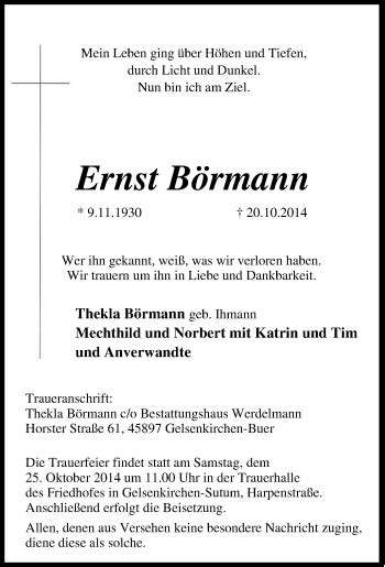 Traueranzeigen Von Ernst Börmann Trauer In Nrw De