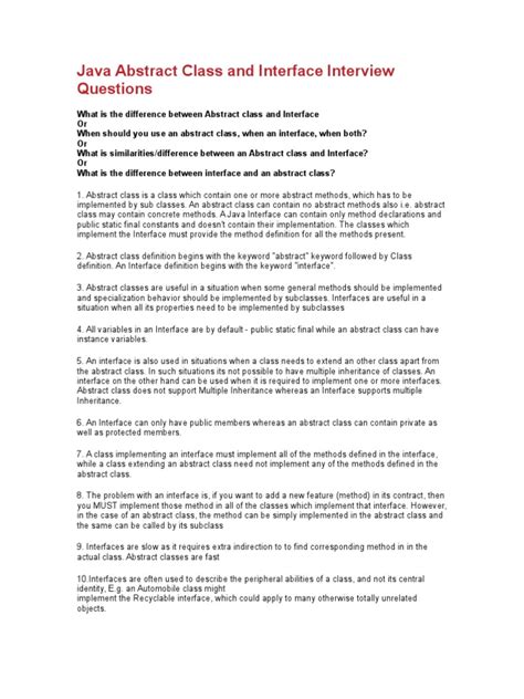 Java Abstract Class And Interface Interview Questions Pdf Class Computer Programming
