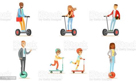 하나 또는 두 개의 바퀴와 자기 균형 스쿠터를 타고 현대 개별 전기 전송 귀여운 소년 승마 킥 스쿠터 벡터 일러스트레이카를 사용하여 젊은 남자와 여자 개체 그룹에 대한 스톡