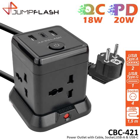 Jumpflash Twc 831 Black Tower Extension Strip With 8 Socket 3 Usb A And 1 Usb C With 2m Cable