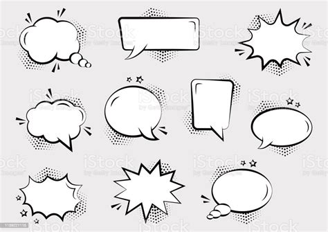 빈 만화 연설의 세트는 하프 톤 그림자와 별과 다른 모양을 거품 팝 아트 스타일의 만화 음향 효과 벡터 일러스트레이션 만화책에