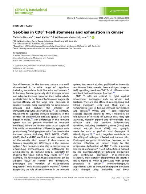 Pdf Sex‐bias In Cd8 T‐cell Stemness And Exhaustion In Cancer
