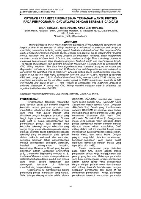 Pdf Optimasi Parameter Permesinan Terhadap Waktu Proses Pada