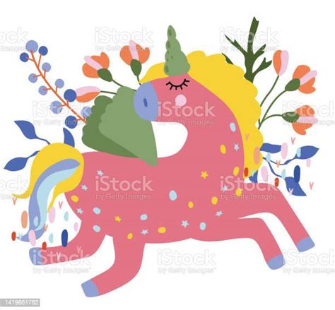 화려한 꼬리 꽃 및 잎이있는 밝은 유니콘 평면 스타일의 환상적인 유니콘 당신의 디자인을위한 요정 말 벡터 일러스트 레이 션 0명에 대한 스톡 벡터 아트 및 기타 이미지