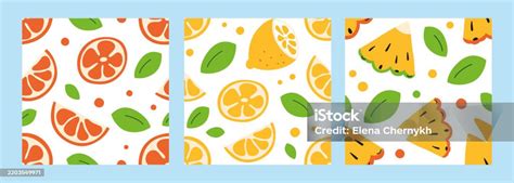 파인애플 레몬 열대 잎이 있는 오렌지와 함께 세 가지 완벽 한 벡터 패턴 세트 과일 조각 천 포장지 지문이 있는 밝고 신선하며 미니멀한 여름 배경 감귤류 과일에 대한 스톡