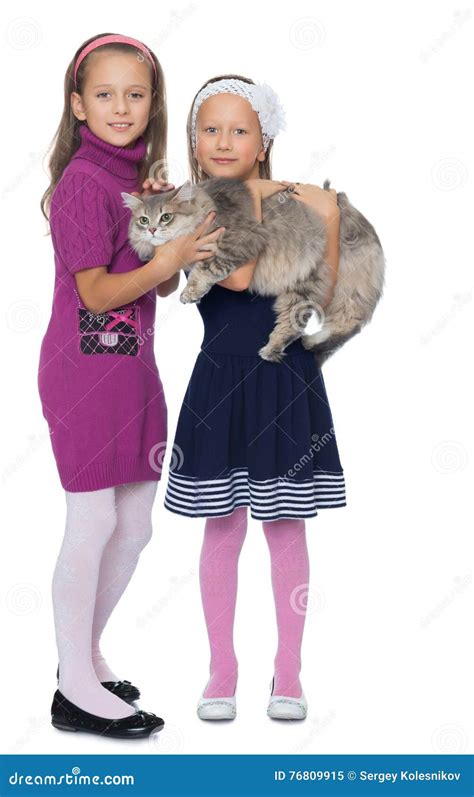 Girls Play With A Cat Stock Image Image Of Friendship 76809915