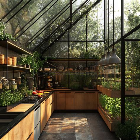 A Greenhouse With A Kitchen Inside Of It Stock Illustration