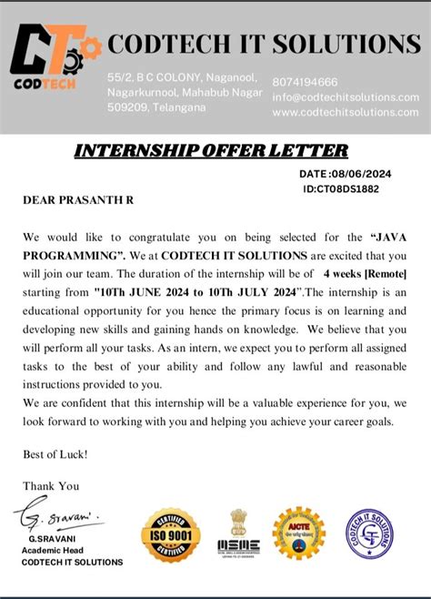 I Got Internship Offer Letter From Codtech It Solutions Prasanth R