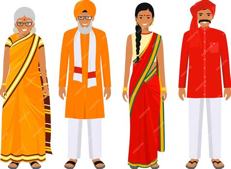 그룹 성인 인도 남성과 여성이 전통 민족 옷을 입고 함께 서 있는 다른 연령대 프리미엄 벡터
