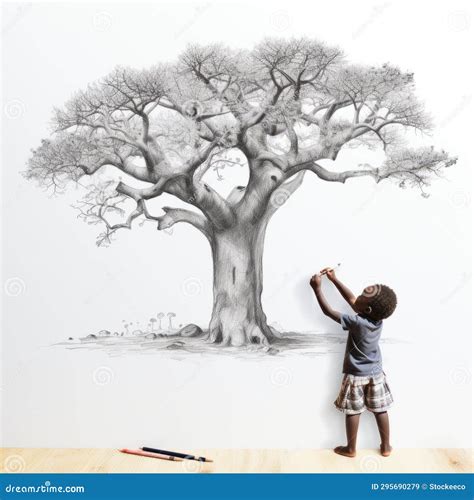 Playful Babe Drawing An African Baobab Tree With A Black Pencil Stock Illustration