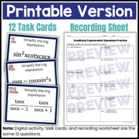 Simplifying Trigonometric Expressions Self Checking Activity Digital