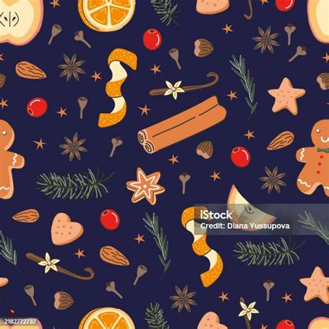 Mulled 와인 향신료의 완벽 한 패턴 진저 브레드 아니스 별 계피 전나무 가지 오렌지 조각 풍미 및 정향의 그림 파란색 배경에 크리스마스 음료 재료 감귤류 과일에 대한