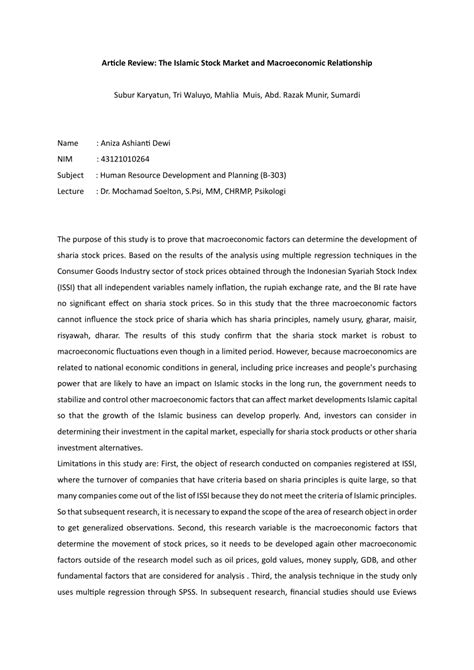 Pdf Article Review The Islamic Stock Market And Macroeconomic Relationship
