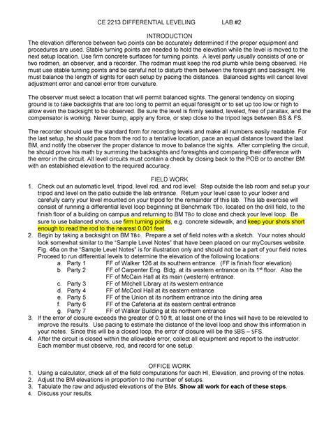 Lab 2 Differential Leveling Ce 2213 Differential Leveling Lab Introduction The Elevation