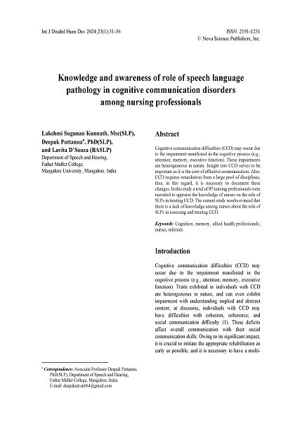 Knowledge And Awareness Of Role Of Speech Language Pathology In Cognitive Communication