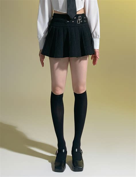 프릭 [new] 투 벨트 스트라이프 플리츠 미니 스커트