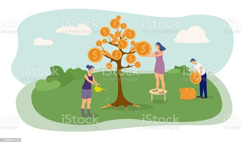 현대 플랫 디자인 인력과 투자를위한 비즈니스 개념 사업가와 사업가 캐릭터는 돈 나무에서 현금을 따기 금융에 대한 스톡 벡터 아트