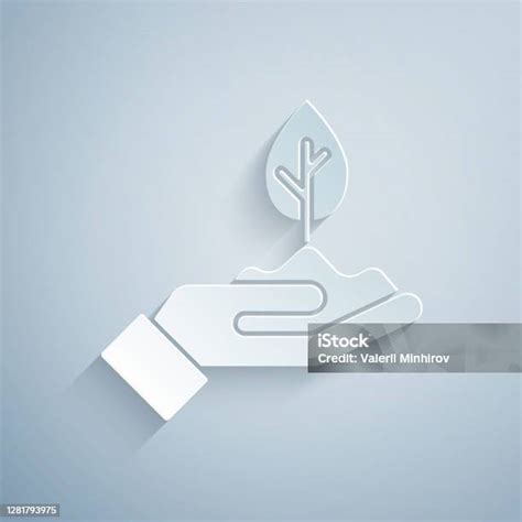 회색 배경에 고립 된 환경 보호 아이콘의 손에 종이 절단 식물 종묘와 묘목 묘목을 심는다 종이 아트 스타일 벡터 3차원 형태에 대한 스톡 벡터 아트 및 기타 이미지 Istock