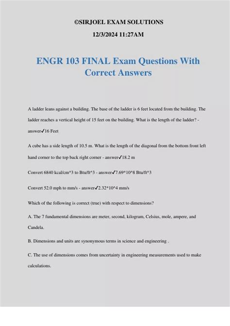 ENGR FINAL Exam Questions With Correct Answers Engr Stuvia US