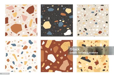 테라초 매끄러운 패턴 베네치아노 이탈리안 스톤 모자이크 복합 식감 장식 타일 화강암 바닥 질감 샘플 벡터 세트 석영에 대한 스톡 벡터 아트 및 기타 이미지 Istock