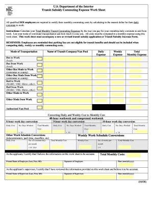 Transit Subsidy Commuting Expense Work Sheet Blank Fillable Template