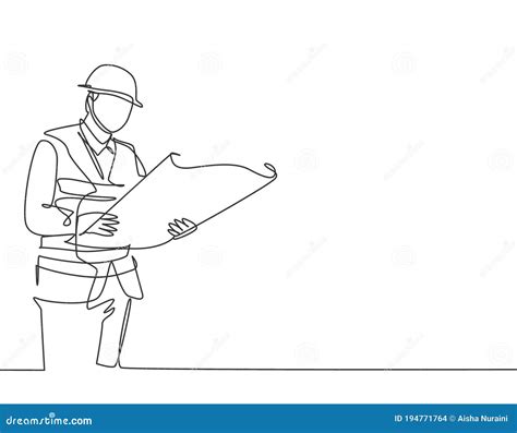 One Continuous Line Drawing Of Young Foreman Manager Controlling The Construction Of Building