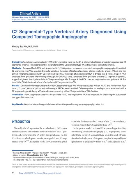 Pdf C2 Segmental Type Vertebral Artery Diagnosed Using Computed Tomographic Angiography