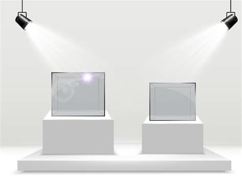현실적인 유리 상자 또는 흰색 스탠드에 컨테이너 벡터 일러스트 레이 션 프리미엄 벡터