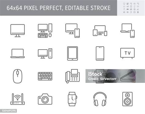 기술 라인 아이콘입니다 벡터 일러스트는 컴퓨터 모니터 노트북 휴대 전화 라우터 팩스 전자 장비에 대한 스캐너 윤곽 그림 아이콘을