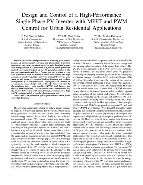 Pdf Design And Control Of A High Performance Single Phase Pv Inverter With Mppt And Pwm