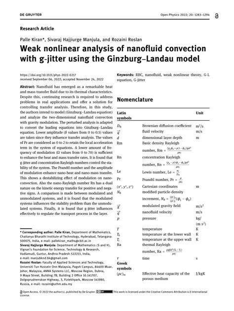 Pdf Weak Nonlinear Analysis Of Nanofluid Convection With G Jitter Using The Ginzburg Landau Model