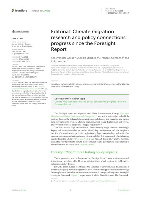 Pdf Editorial Climate Migration Research And Policy Connections Progress Since The Foresight