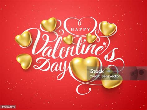 해피 발렌타인 데이 하루 글꼴 구성 골든 현실적인 심장 빨간색 배경에 고립 아름 다운 휴일 낭만적인 그림을 벡터 종이 공예 스타일 벽지 플라이어 초대장 포스터 배너 3차원