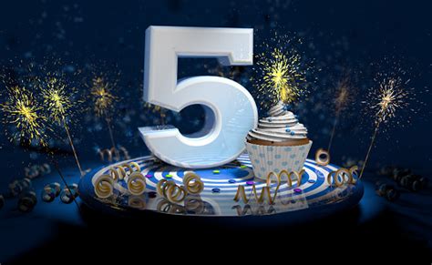 5 번째 생일 또는 불꽃으로 가득 찬 어두운 배경이있는 파란색 테이블에 노란색 스트리머가있는 큰 흰색 번호가있는 생일 또는 기념일 컵 케이크 3d 일러스트레이션 0명에 대한