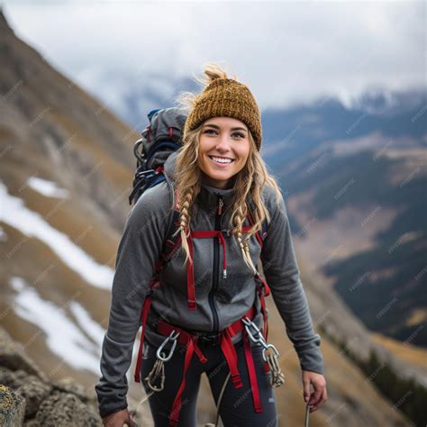 Uma Mulher Com Uma Mochila Nas Costas Está No Topo De Uma Montanha