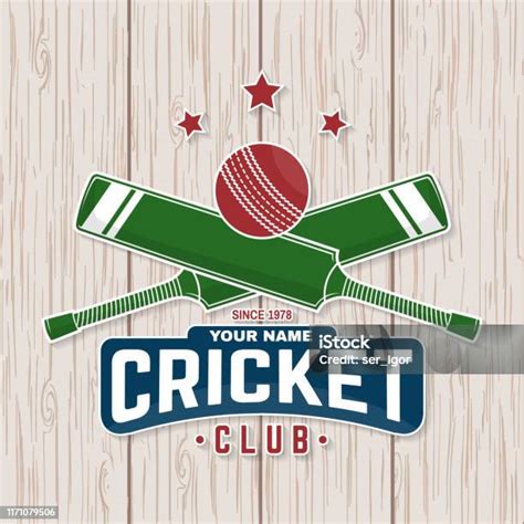크리켓 클럽 패치 또는 스티커 벡터 셔츠 프린트 스탬프 또는 티에 대한 개념 크리켓 박쥐와 공 실루엣 빈티지 타이포그래피 디자인