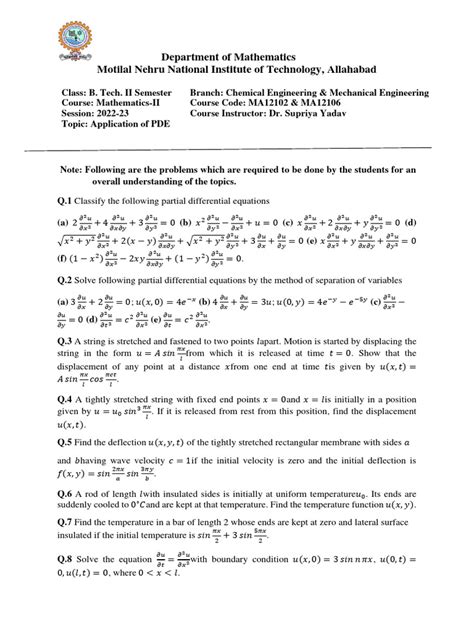 Tutorial Sheet Application Of Pde Pdf Partial Differential Equation Applied And
