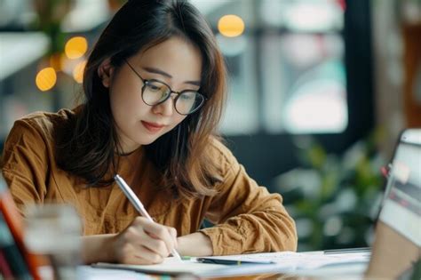 Asian Woman In Glasses Focused On Writing On Paper A Determined Asian