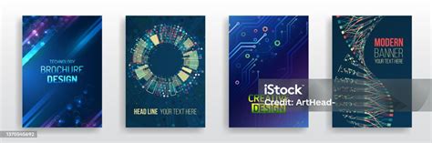 파란색 레이아웃 미래 브로셔 전단지 플래카드 현대 과학 및 디지털 기술 개념 브로셔또는 하이테크 요소 배경으로 커버를 위한 벡터 템플릿입니다 가리기에 대한 스톡 벡터 아트
