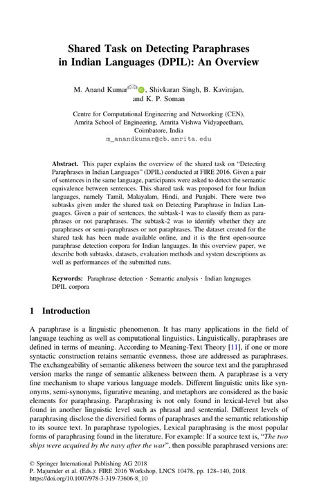 Pdf Shared Task On Detecting Paraphrases In Indian Languages Dpil An Overview